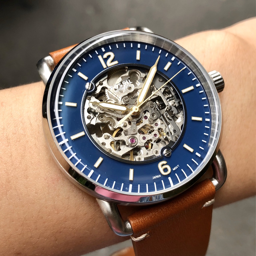 現貨全新真品 FOSSIL ME3159 手錶 42mm 機械錶 藍色面盤 雙面簍空 咖啡色皮錶帶 男錶女錶 | 蝦皮購物
