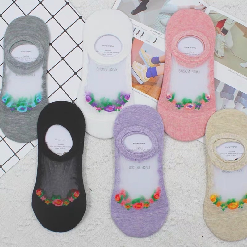 韓國帶回 FAKE SOCKS 田園風小碎花透膚蕾絲拼接紗網船型襪 隱形襪 紗網襪 蕾絲襪 腳後跟有防滑矽膠 春夏新款 | 蝦皮購物