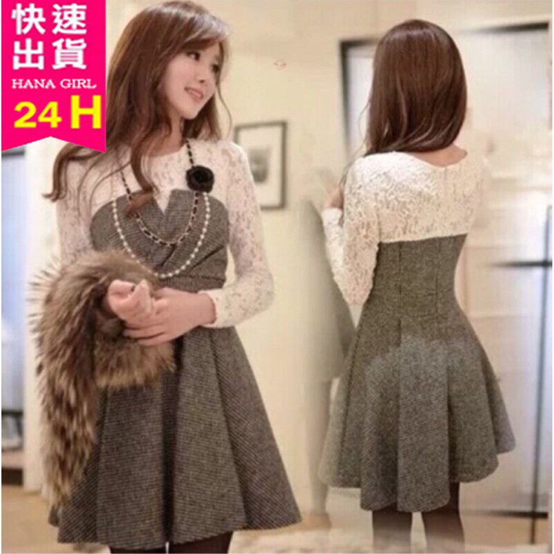 🎀 Hanagirl 🎀 正韓洋裝👗👗 小香風公主蕾絲拼接設計千鳥格洋裝 現貨 毛呢長袖洋裝 婚禮洋裝 A012 | 蝦皮購物