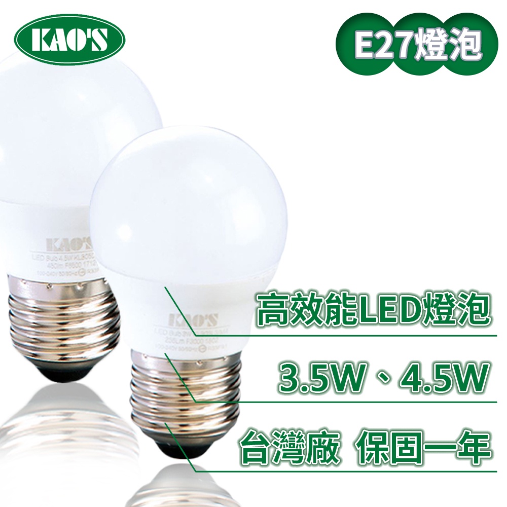 【KAO'S】LEDE27/3W/4.5W無藍光超光效燈泡 (黃光/白光)【實體門市保固一年】燈泡 省電燈泡 LED燈泡 | 蝦皮購物