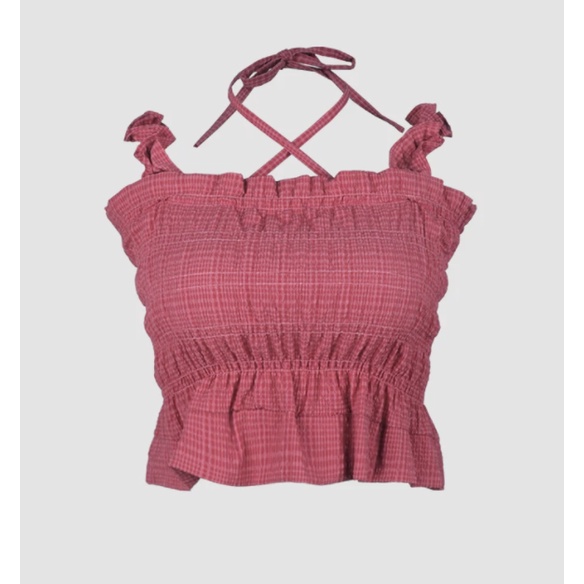 juicici 粉色 桃紅 格紋 平口 褶襉 皺摺 吊帶 背心 可愛 青春 | 蝦皮購物