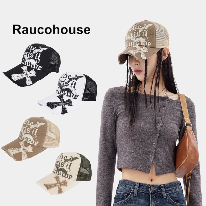 【JIN】現貨！韓國 Raucohouse Y2K風格復古破壞十字架印花網帽 帽子 網帽 破壞 水洗 復古 | 蝦皮購物