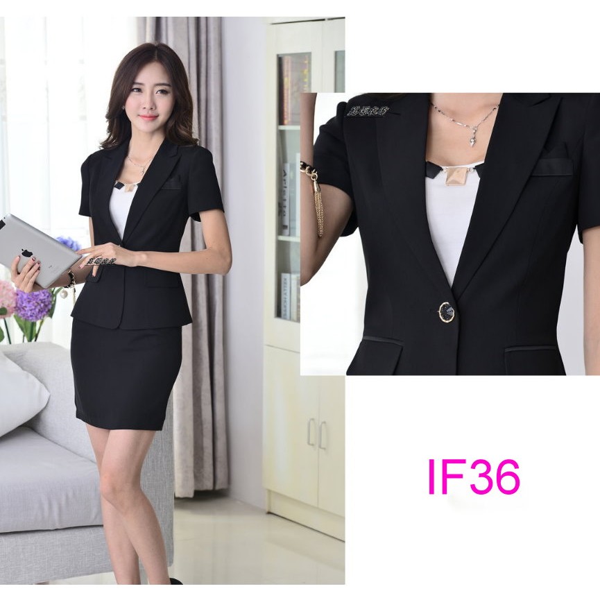 台灣現貨 清倉特價~OL套裝/西裝/襯衫/櫃檯/餐廳/美容師~芙蝶衣坊~夏季黑色胸花短袖2件式小西裝套裝~~IF36 | 蝦皮購物