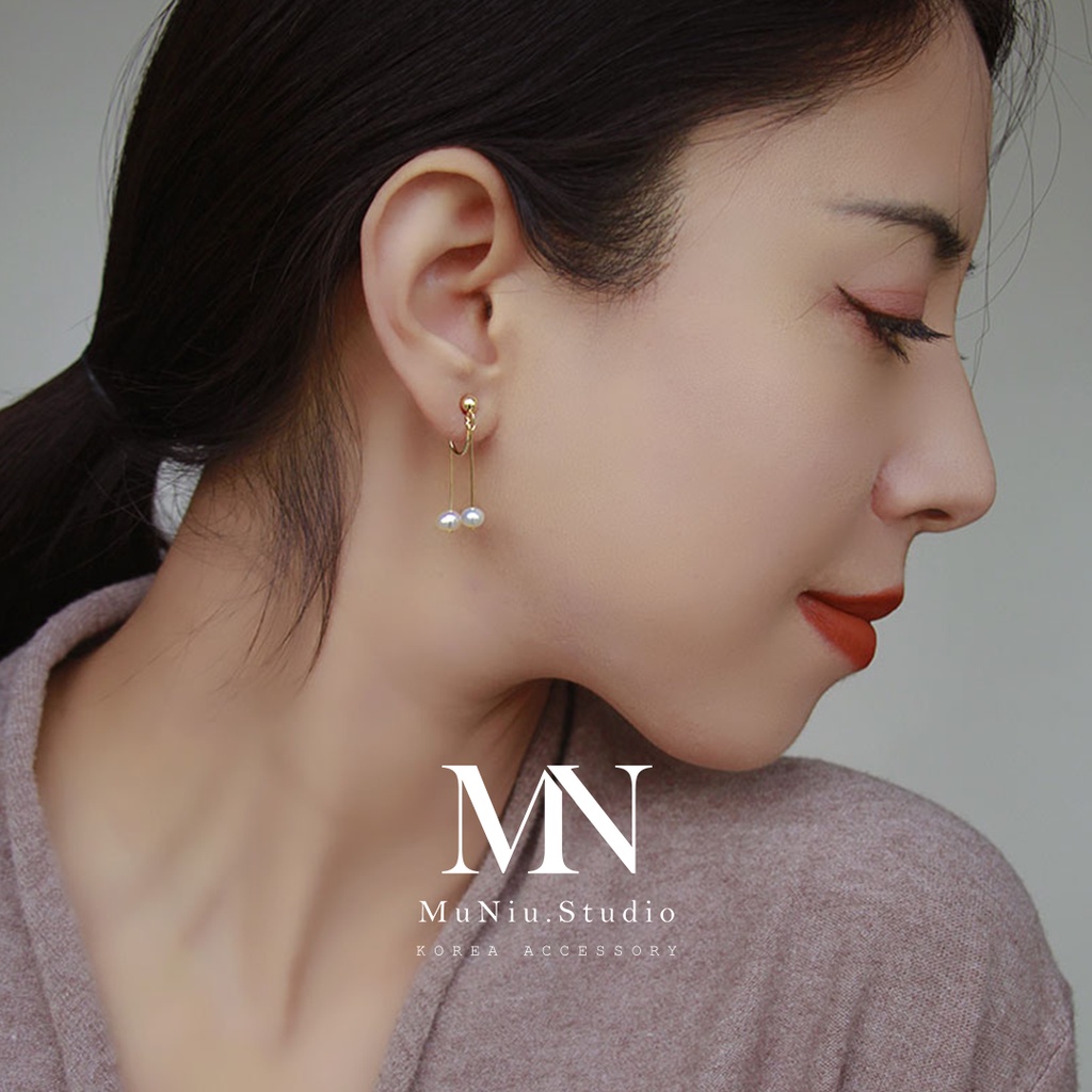 MuNiu｜s925銀針／耳夾｜雙珍珠垂墜耳環．珍珠耳夾 珍珠耳環 蚊香盤耳夾 無耳洞耳環耳夾 韓國飾品－全現貨賣場 | 蝦皮購物