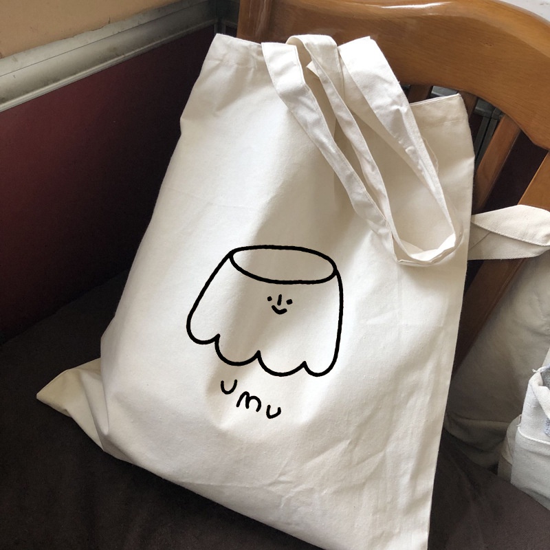 Ohaya丨自製ins 韓國 插畫布丁帆布袋 購物袋 文青 褶皺簡約帆布包 B004 | 蝦皮購物