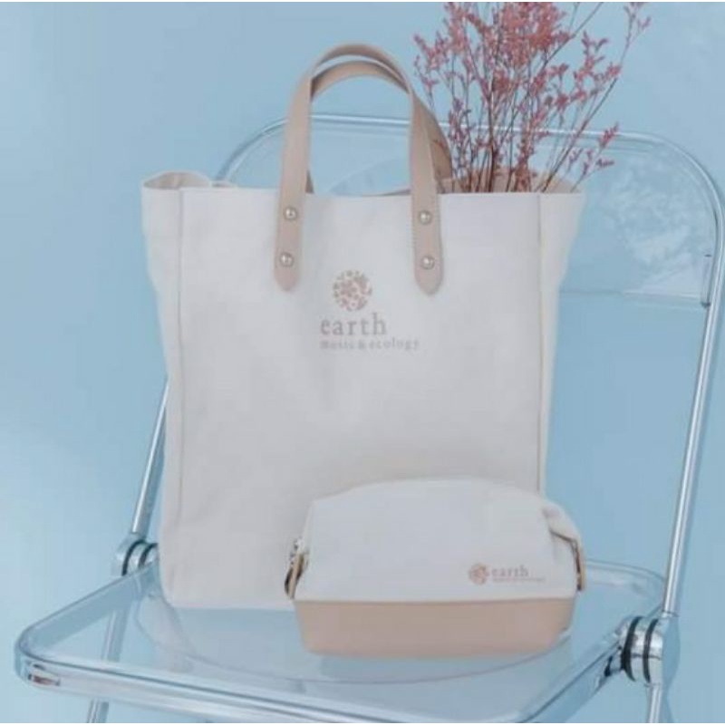 高絲 KOSE x EARTH聯名收納包 化妝包 /托特包 手提包 側背包-極簡環保風，帆布材質耐用好清潔，容量大好收納 | 蝦皮購物