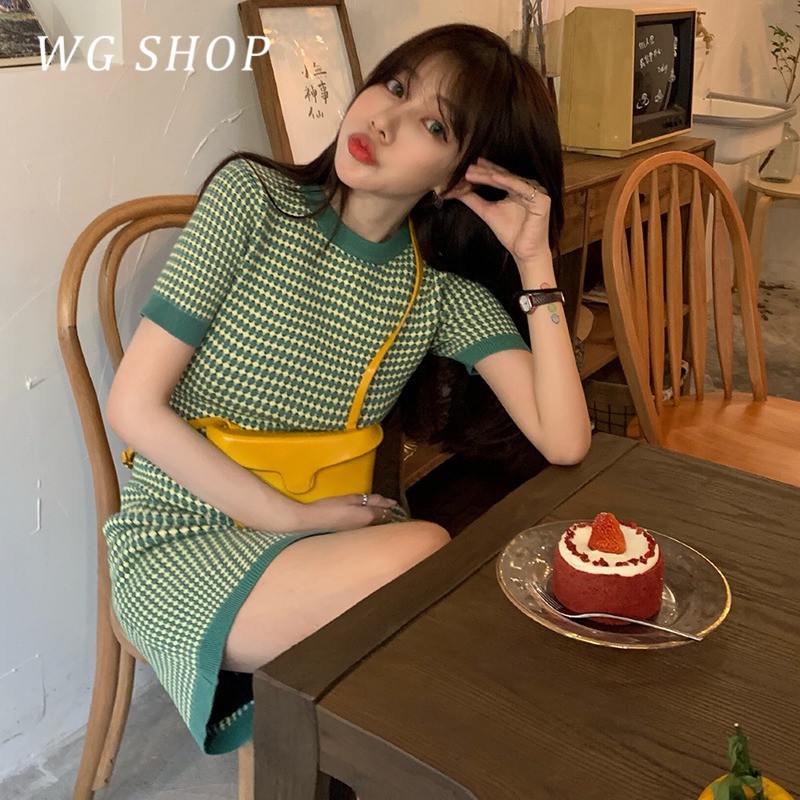WG SHOP現貨 短袖洋裝女裙 百搭糖果色 針織圓領 女裝O領條紋高腰針織短袖迷你 | 蝦皮購物