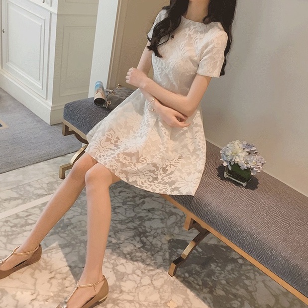 🎀 Hanagirl 🎀 正韓洋裝👗👗 法式浮雕蕾絲 白色洋裝 E028 伴娘服 短袖洋裝 婚禮洋裝 | 蝦皮購物