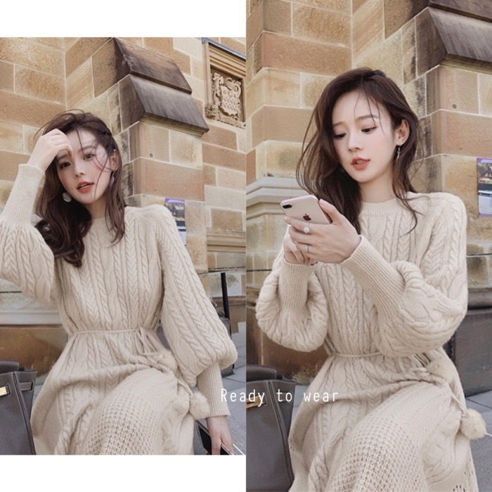 🎀Hanagirl 🇰🇷法式小香風燈籠袖針織洋裝 連身裙 長袖洋裝 W006 配毛球腰帶 | 蝦皮購物