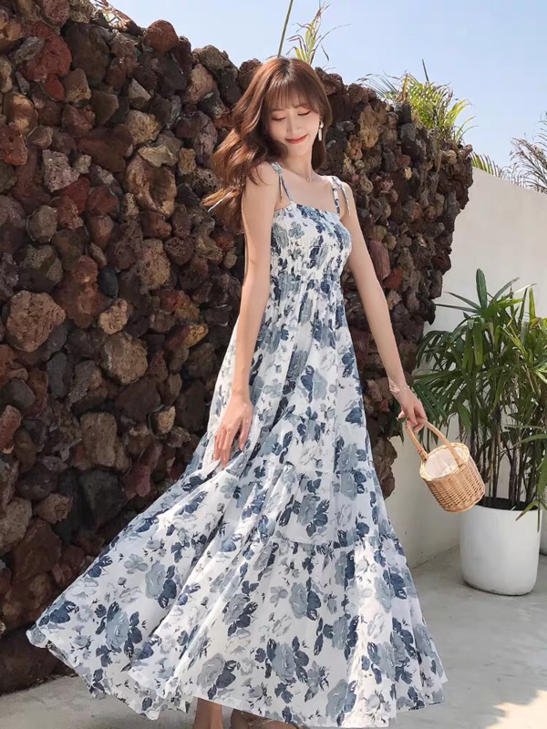 🎀 Hanagirl 正韓 海灘度假必備 長洋裝 名媛風性感露背 禮服 深玫瑰花雪紡洋裝 沙灘洋裝 I118 | 蝦皮購物