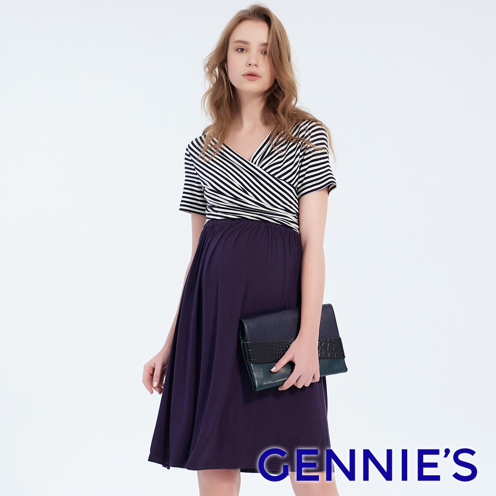 【Gennies 奇妮】極彈V領條紋拼接洋裝-藍(T1H07) | 蝦皮購物
