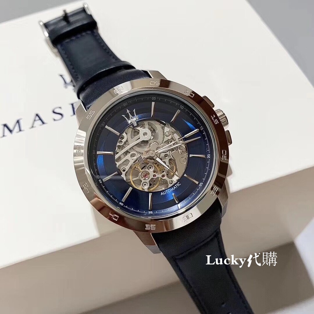 Lucky代購深藍色真皮錶帶 鏤空自動機械男錶 瑪莎手錶 男生機械錶 休閒歐美時尚腕錶 商務休閒機械錶大直徑44mm | 蝦皮購物