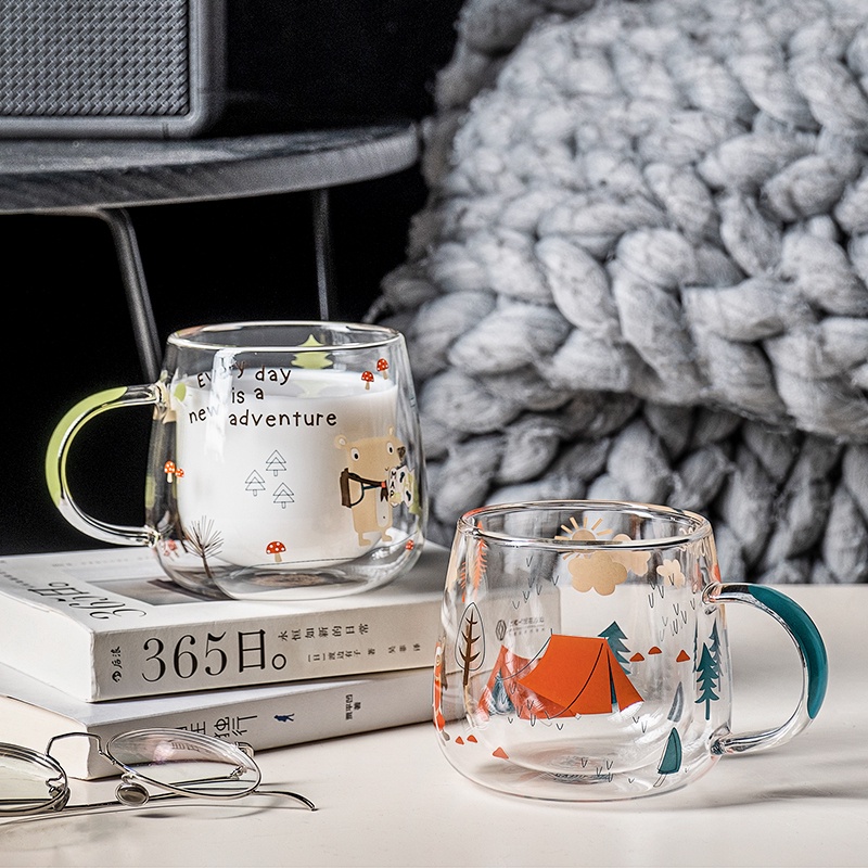 CYBIL HOME 雙層玻璃杯 卡通隔熱牛奶杯 咖啡杯 可愛玻璃杯 兒童可用耐熱杯子 | 蝦皮購物