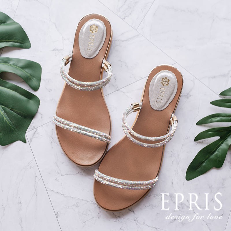 現貨 網路人氣推薦平底涼鞋 2way兩穿式設計 香檳鑽 平底涼鞋 MIT 34-39 EPRIS艾佩絲-彩鑽銀-P259 | 蝦皮購物