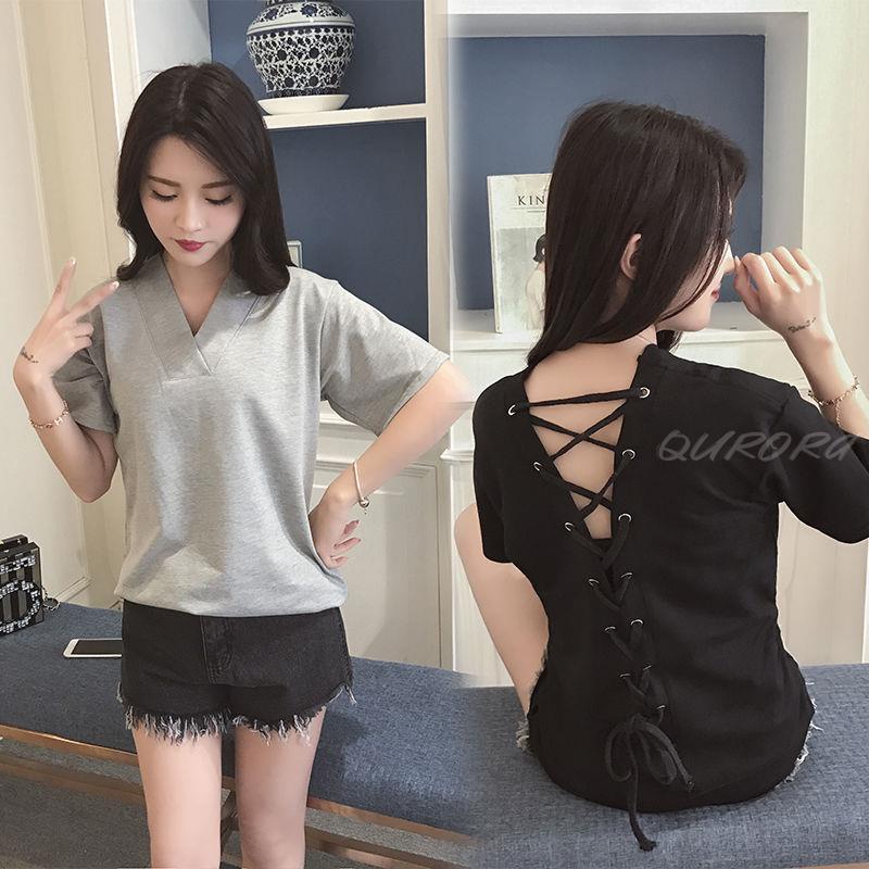 Qurora 大尺碼上衣 S-5XL 韓版大碼女裝夏胖mm短袖t恤女性感上衣女半袖露背系帶寬松學生裝 大碼短袖 女士上衣 | 蝦皮購物