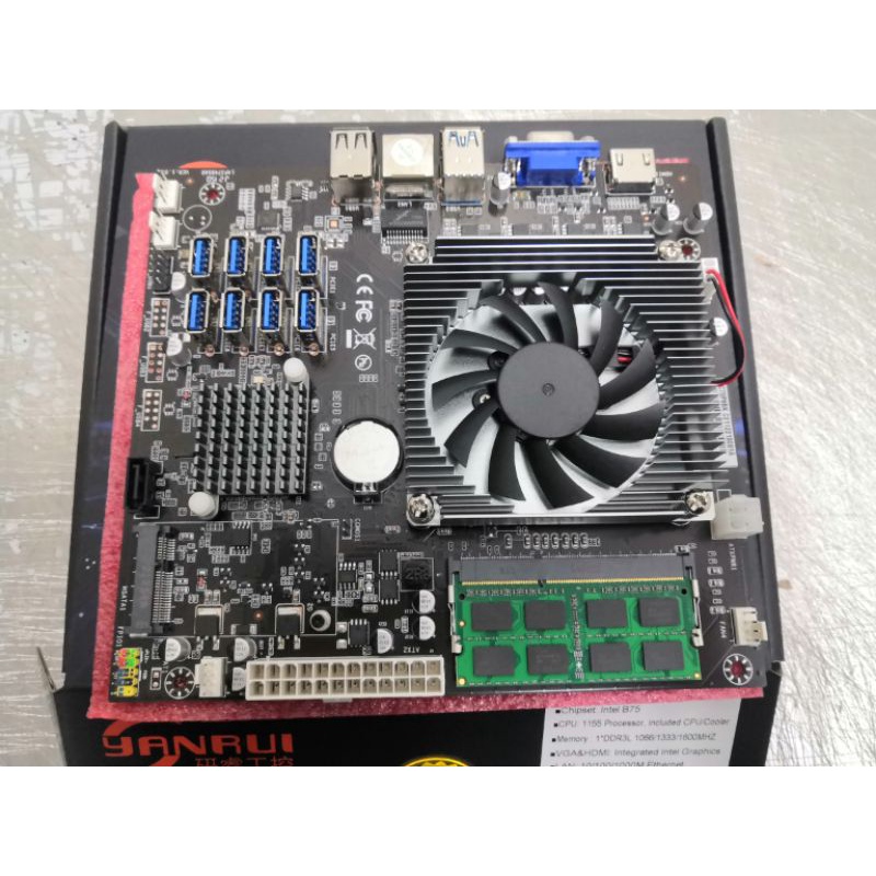 「礦世紀」(台灣現貨速發+免運)八卡專業主板8顯卡QS76 內嵌cpu 有內顯 附CPU風扇 附4G記憶體 挖礦主機板 | 蝦皮購物