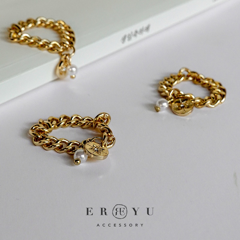 【ERYU】現貨｜榮譽的種子 - 小珍珠墜飾金屬鏈戒 | 蝦皮購物