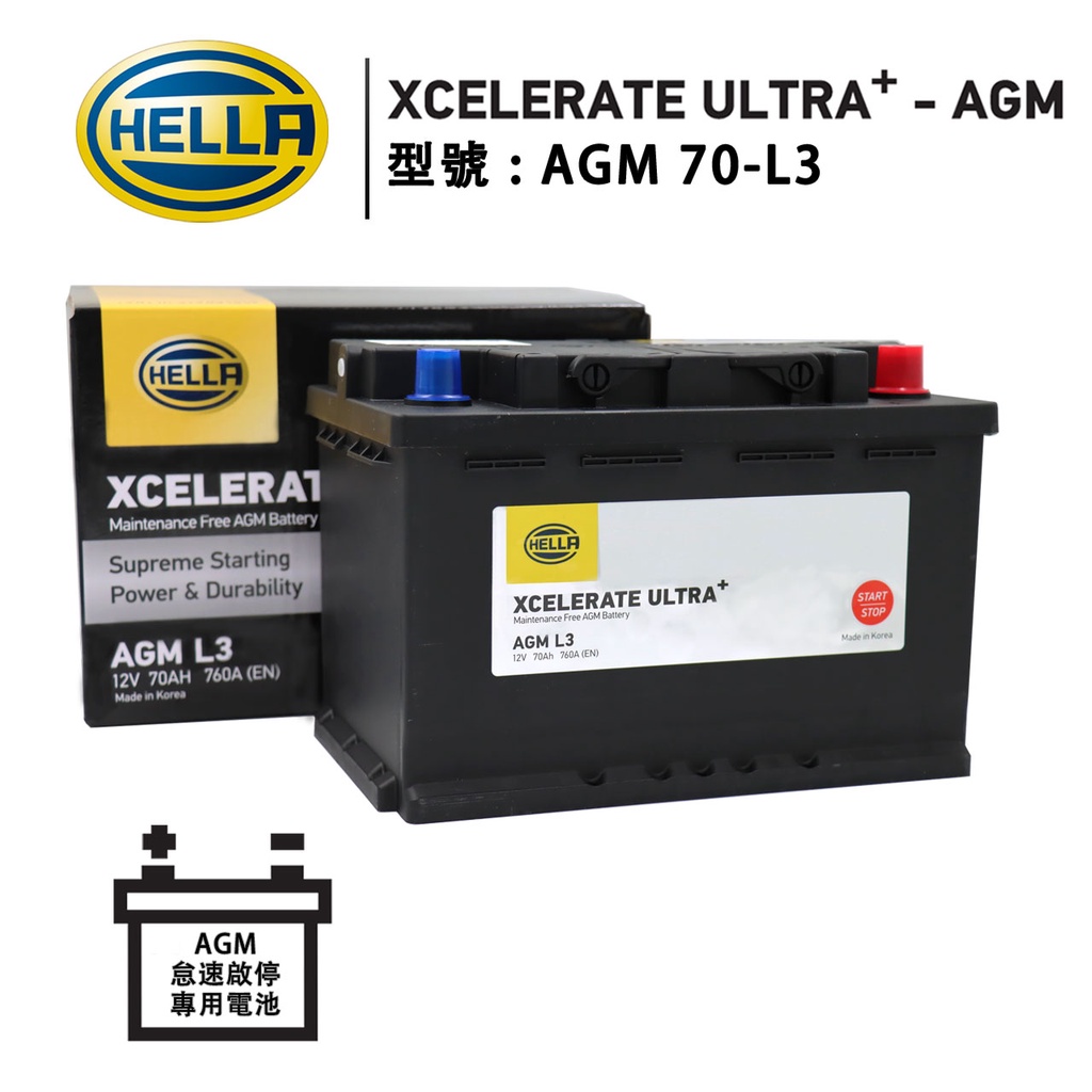 HELLA海拉 Xcelerate Ultra+ 歐規怠速啟停專用電池 AGM70-L3 | 蝦皮購物
