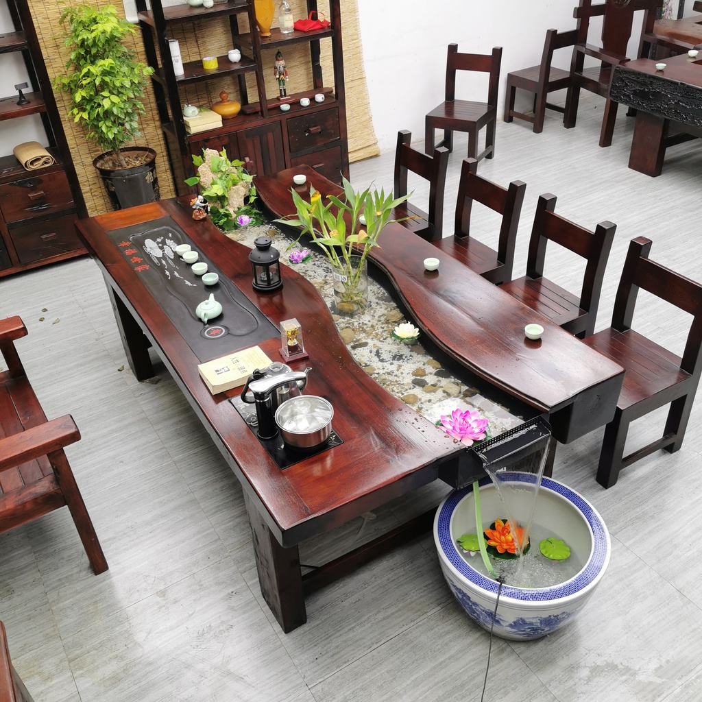 【老船木實木桌 茶桌 流水檯 功夫茶几 禪意桌】老船木茶桌椅組合中式曲水流觴魚缸實木禪意茶臺流水養魚茶幾景觀 | 蝦皮購物