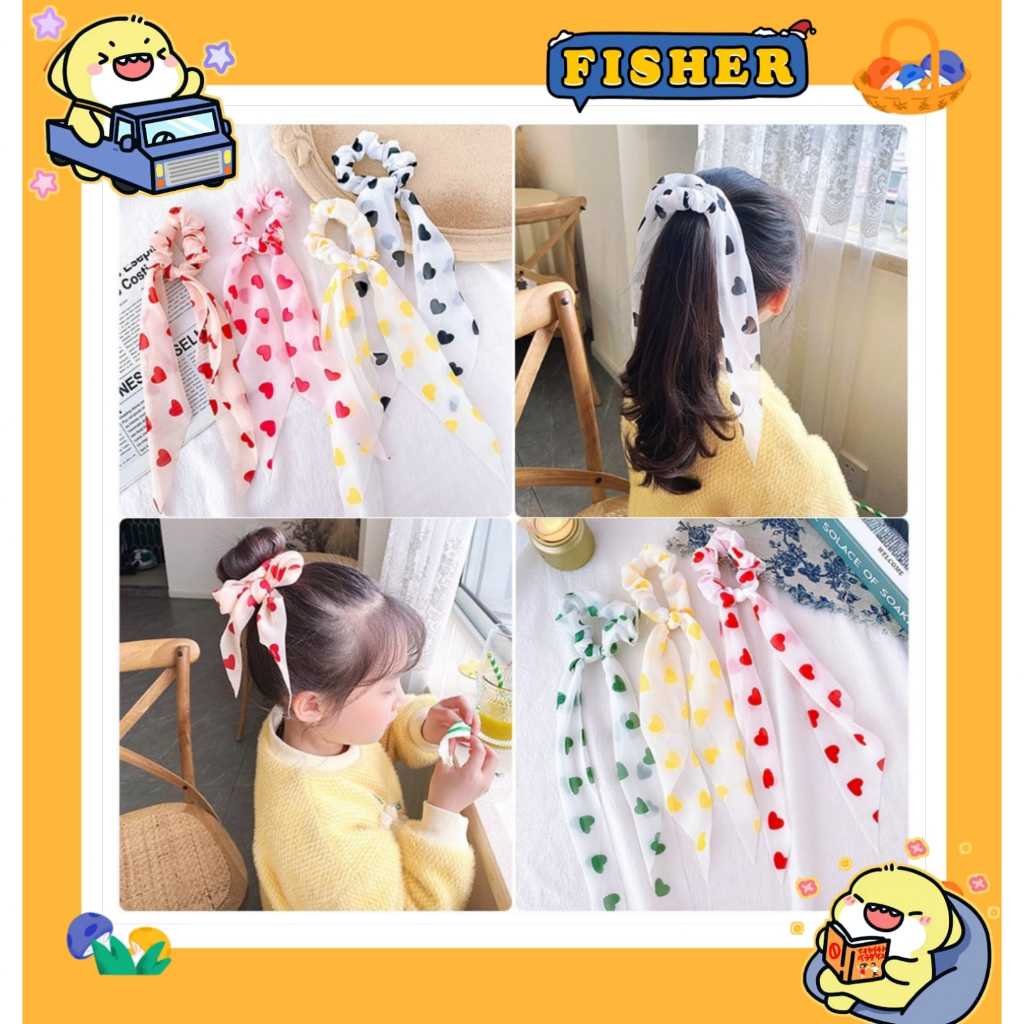FISHER JIR-010 Scrunchies 韓版碎花愛心圖案髮帶長款 | 蝦皮購物