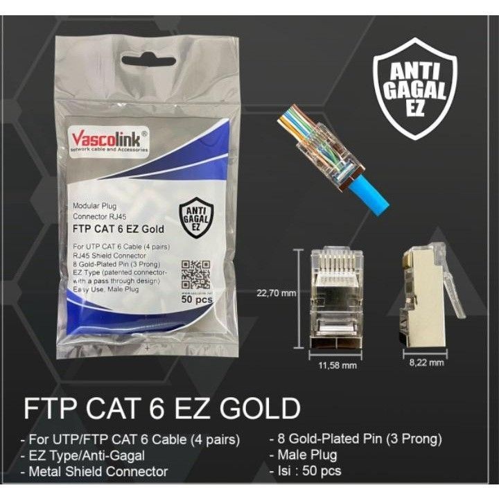 Rj45 FTP Cat6 Ez Gold 防故障連接器內容 50 Vascolink Cat 6 連接器金屬材料 | 蝦皮購物