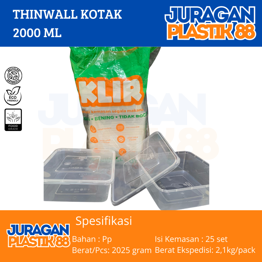 Thinwall Clear 2000ml 塑料飯盒 2000ml KLIR SQUARE SQ 25set | 蝦皮購物