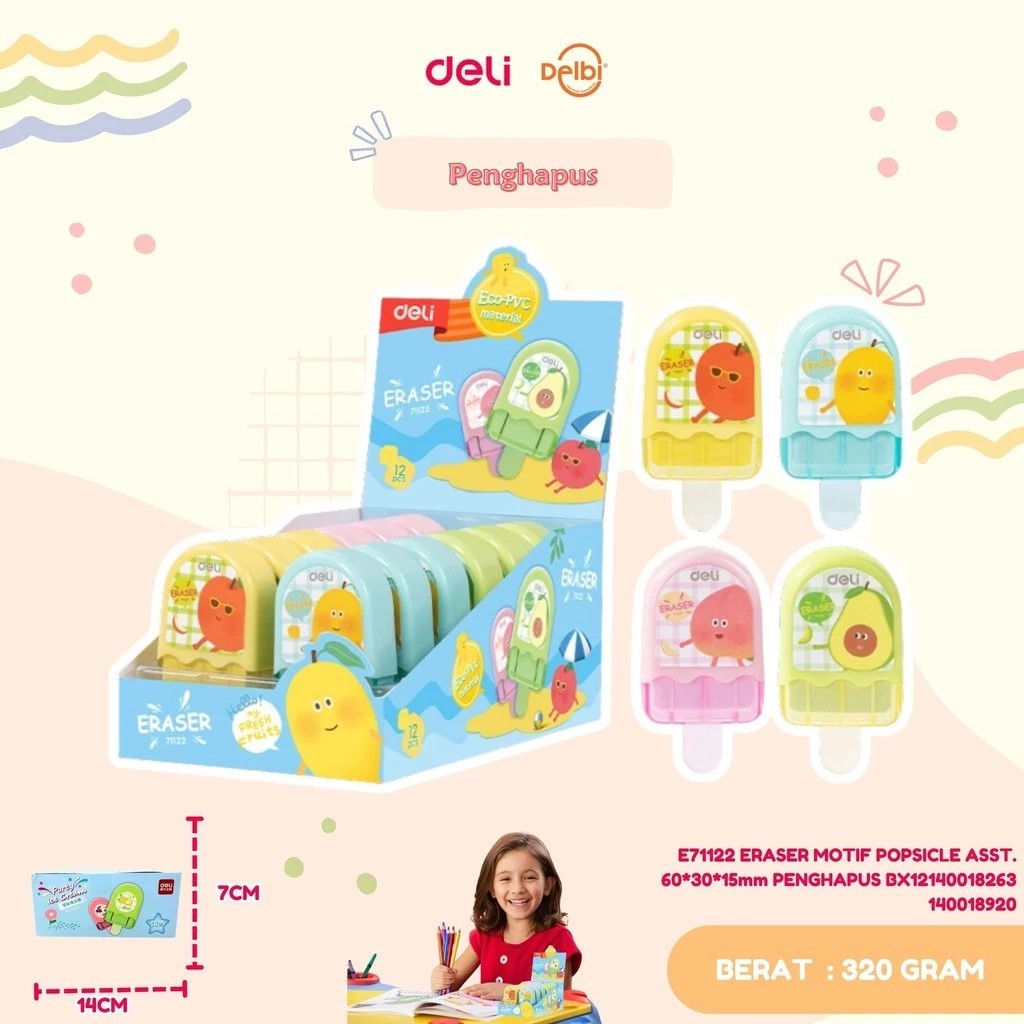DELI 橡皮擦 4 色 71122 DELI E71122 輔助冰棒圖案橡皮擦 60*30*15mm 橡皮擦 | 蝦皮購物