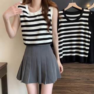 Miguo_大碼針織冰絲無袖T恤背心 夏季新款女裝 胖mm上衣 遮肚顯瘦條紋背心 | 蝦皮購物