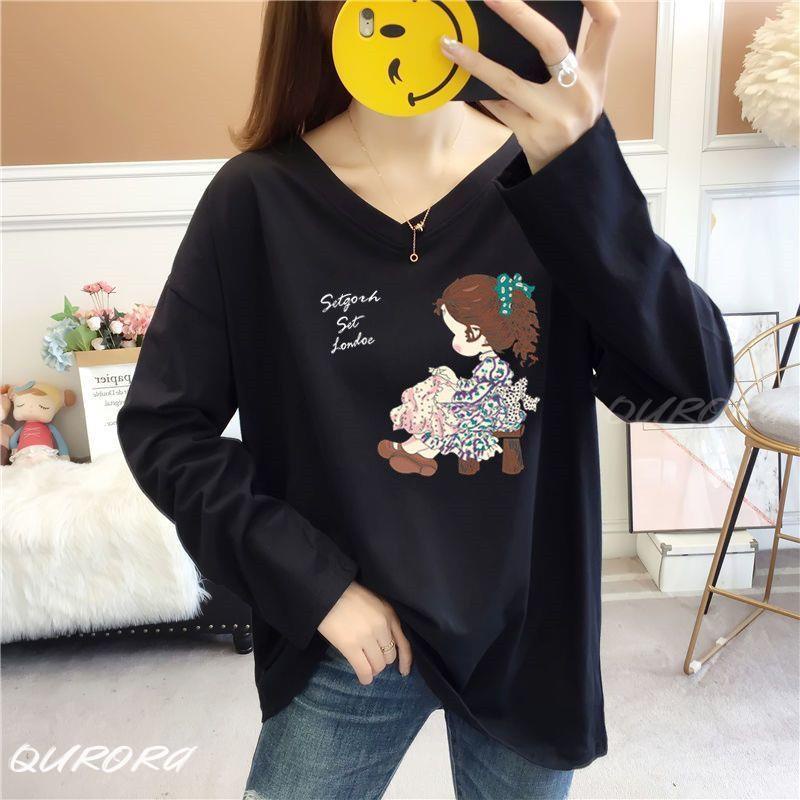 Qurora M-5XL 150公斤 長袖t恤 大尺碼上衣 V領 秋季加大碼胖MM寬松顯瘦長袖T恤遮肚藏肉百搭上衣 | 蝦皮購物