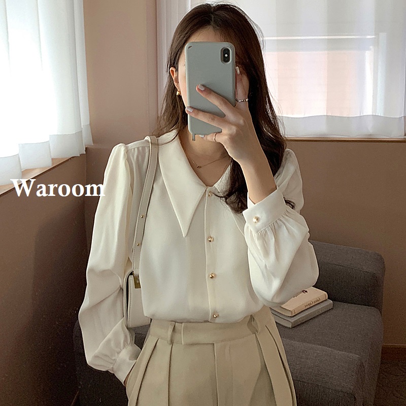 Waroom|現貨 A583高質感韓國尖尖領金釦雪紡襯衫|女裝|法式|別緻|長袖襯衫|雪紡上衣|正式|上班|OL|內搭 | 蝦皮購物