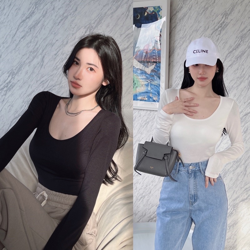 【CHING'S自訂】現貨 基本大圓領bra top美胸上衣 長袖 7色 分尺寸 含厚墊 MIT 女裝 素面 柔軟 貼身 | 蝦皮購物