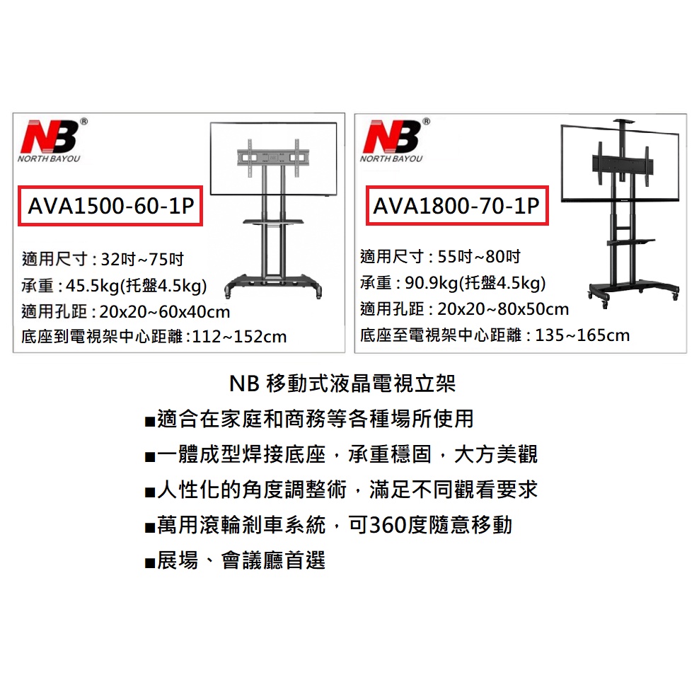 【小葉家電】可移動式液晶電視立架【NB】AVA1500-60-1P/AVA1800-70-1P 電視推車 32-80吋 | 蝦皮購物