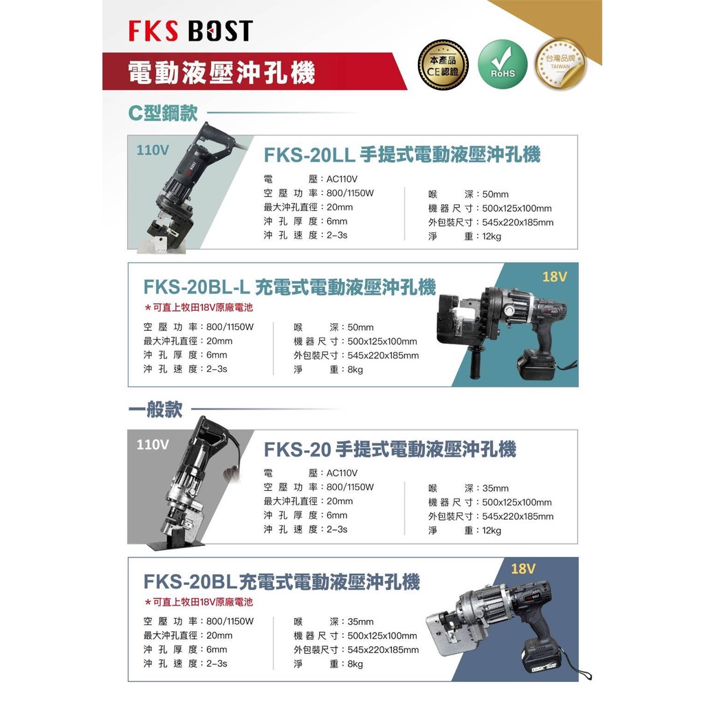 WIN五金 FKS BOST FKS-20-BL-L C型鋼 18V充電式油壓沖孔機可直上牧田 沖孔機 油壓打孔機 穿孔 | 蝦皮購物