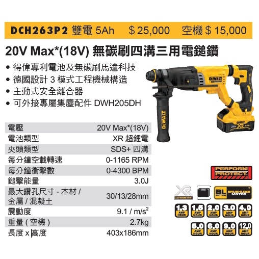 DEWALT 得偉 DCH263P2 20V Max*(18V) 無碳刷四溝三用電鎚鑽 (含稅) | 蝦皮購物