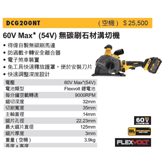 DEWALT 得偉 DCG200 60V 無碳刷石材溝切機 空機 (含稅) | 蝦皮購物