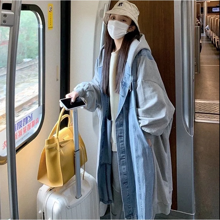 L~4XL 女生大尺碼牛仔外套 中長款 拼接 假兩件 連帽外套 學生 時尚百搭 ins潮 簡約通勤 鈕扣上衣 韓版 寬鬆 | 蝦皮購物