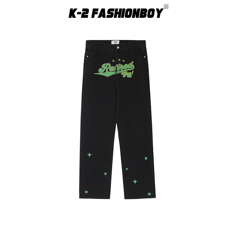 【K-2】美式 Y2K 字母刺繡 星星 螢光配色 黑色長褲 寬褲 街頭 潮流 個性 K2 四季 男女不拘【B5024K】 | 蝦皮購物