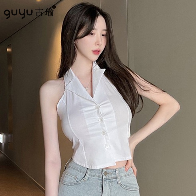 guyu 性感上衣【快速出貨】2023新款掛頸式無袖背心削肩襯衫露背彈力緊身顯胸短板白色上衣 | 蝦皮購物