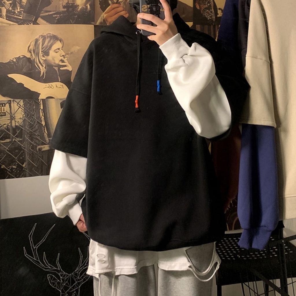 【精品男裝】假兩件衛衣男潮ins潮流寬鬆情侶裝連帽長袖鞦鼕加厚韓版學生外套jioyh IFWU | 蝦皮購物