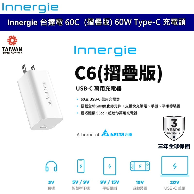 Innergie 台達電 60C Pro (摺疊版) 60W Type-C PD快充 充電頭 變壓器 快充頭 充電器 | 蝦皮購物