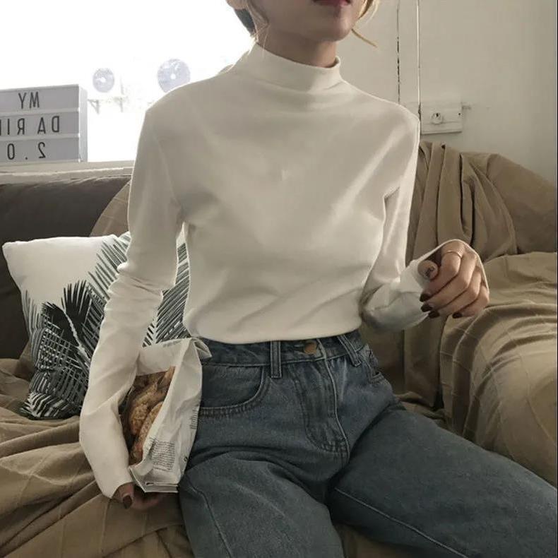 ARXO 高領打底衫 純棉打底衫女秋冬長袖學生修身T恤女百搭白色上衣內搭半高領德絨 | 蝦皮購物