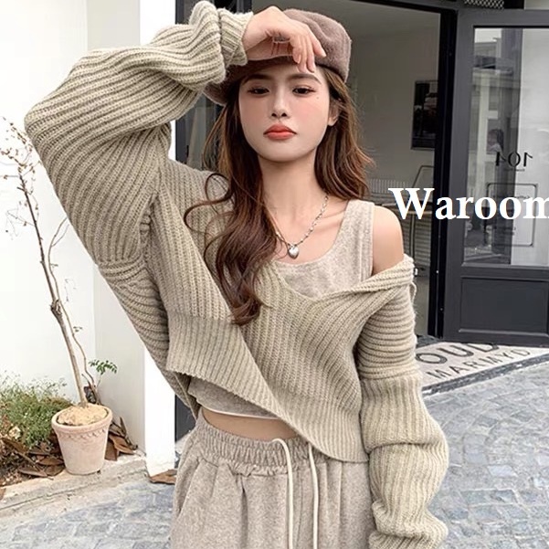 Waroom|熱銷現貨 韓系V領披肩式短版針織毛衣|女裝|短款針織衫|辣妹|長袖上衣|罩衫|毛線衣|披肩上衣 0036 | 蝦皮購物