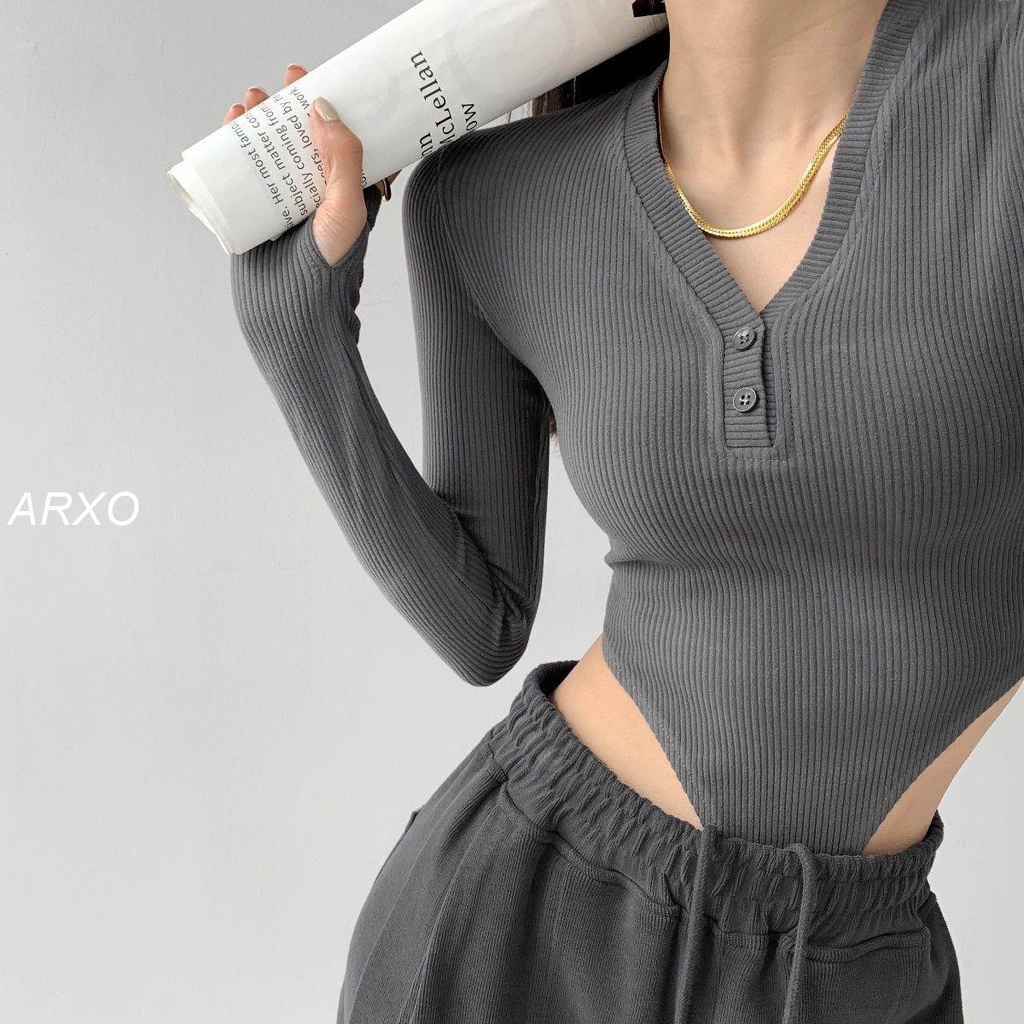 ARXO 歐美風性感辣妹心機露腰打底衫女復古紐扣V領修身長袖收腰連體T恤 | 蝦皮購物