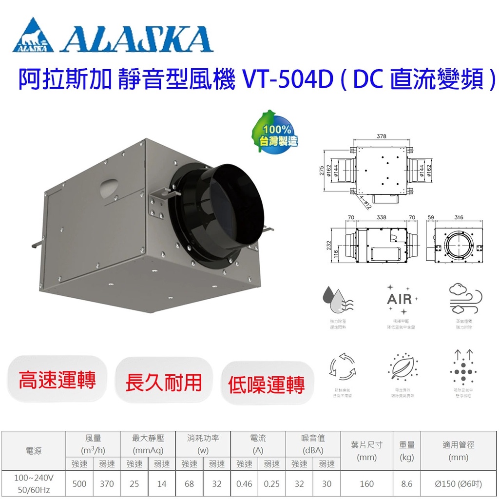 ALASKA 阿拉斯加 VT-504 靜音型風機 變頻 VT504 VT504D | 蝦皮購物
