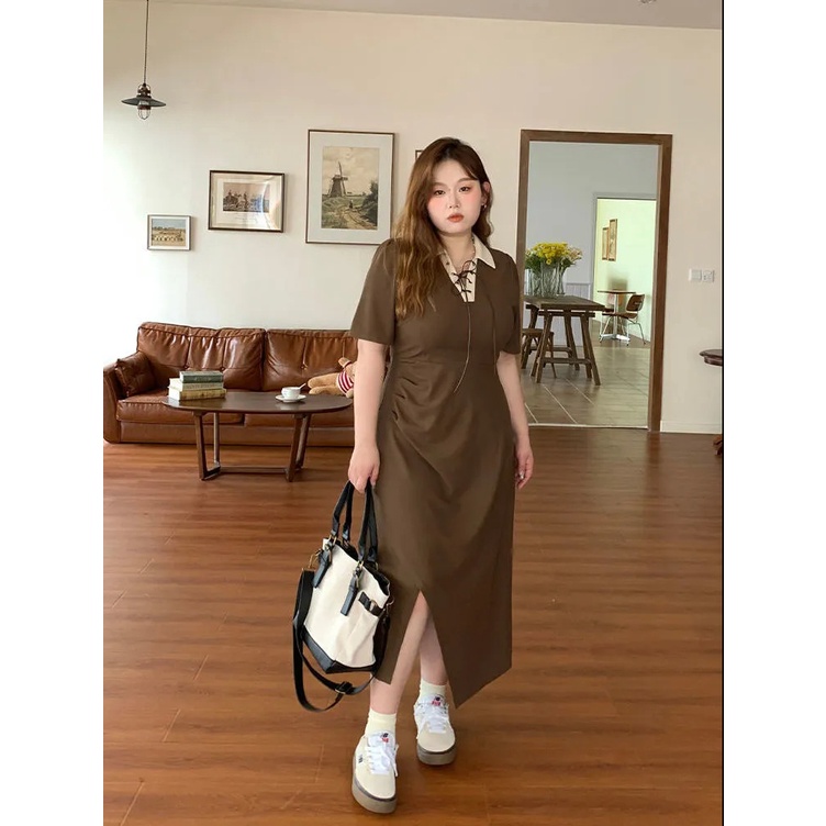 M~4XL 大尺碼 女生短袖洋裝 polo領 韓版 寬鬆 開叉 洋裝 收腰顯瘦 連身裙 學院風時尚百搭 ins潮 拼接長 | 蝦皮購物