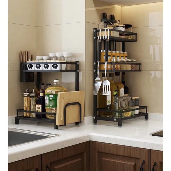 3layer Stainless steel kitchen rack black seasoning shelf fl | 蝦皮購物