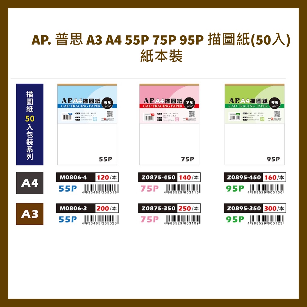 AP. 普思 A3 A4 55P 75P 95P 描圖紙(50入)紙本裝 | 蝦皮購物