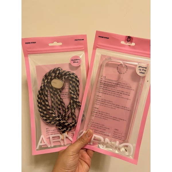 ARNO 手機背帶，透明殼+背帶藍金色 iPhone 13 Pro max | 蝦皮購物