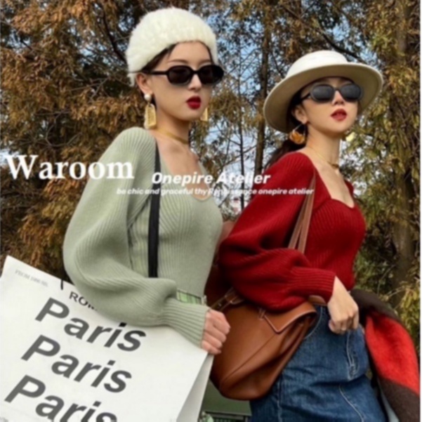 Waroom|高雄出貨 內有實拍 法式短款方領燈籠袖針織上衣|女裝|紅色上衣|泡泡袖|針織上衣|短版上衣|修身A642 | 蝦皮購物