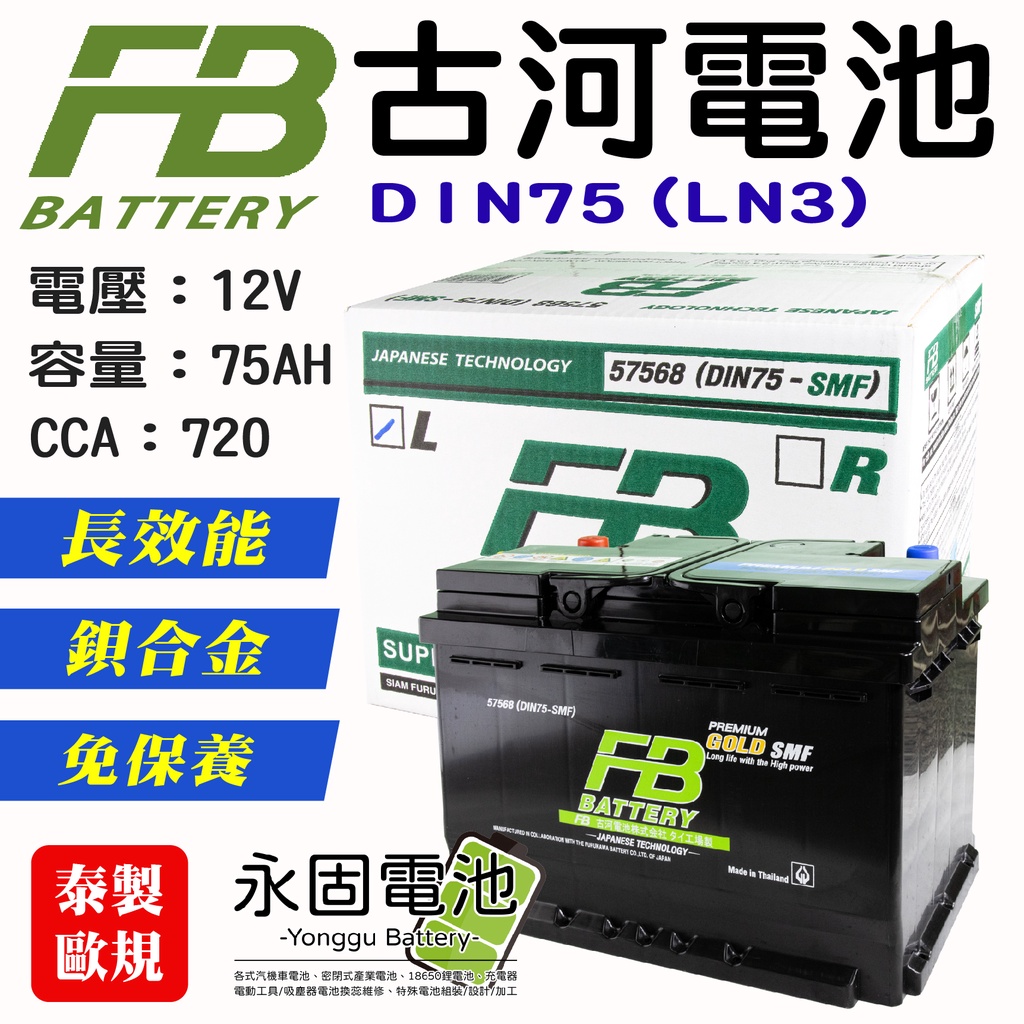 「永固電池」 FB 古河 DIN75 LN3 12V 75Ah CCA720 長效能 泰製 歐規 免保養 汽車電瓶 | 蝦皮購物
